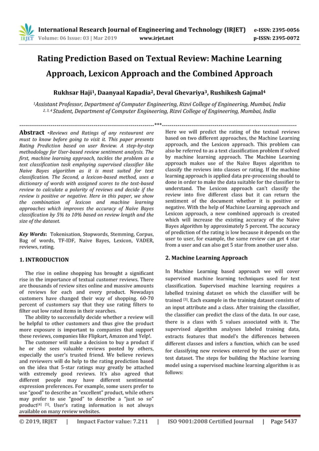 IRJET- Rating Prediction based on Textual Review: Machine Learning Approach, Lexicon Approach ...