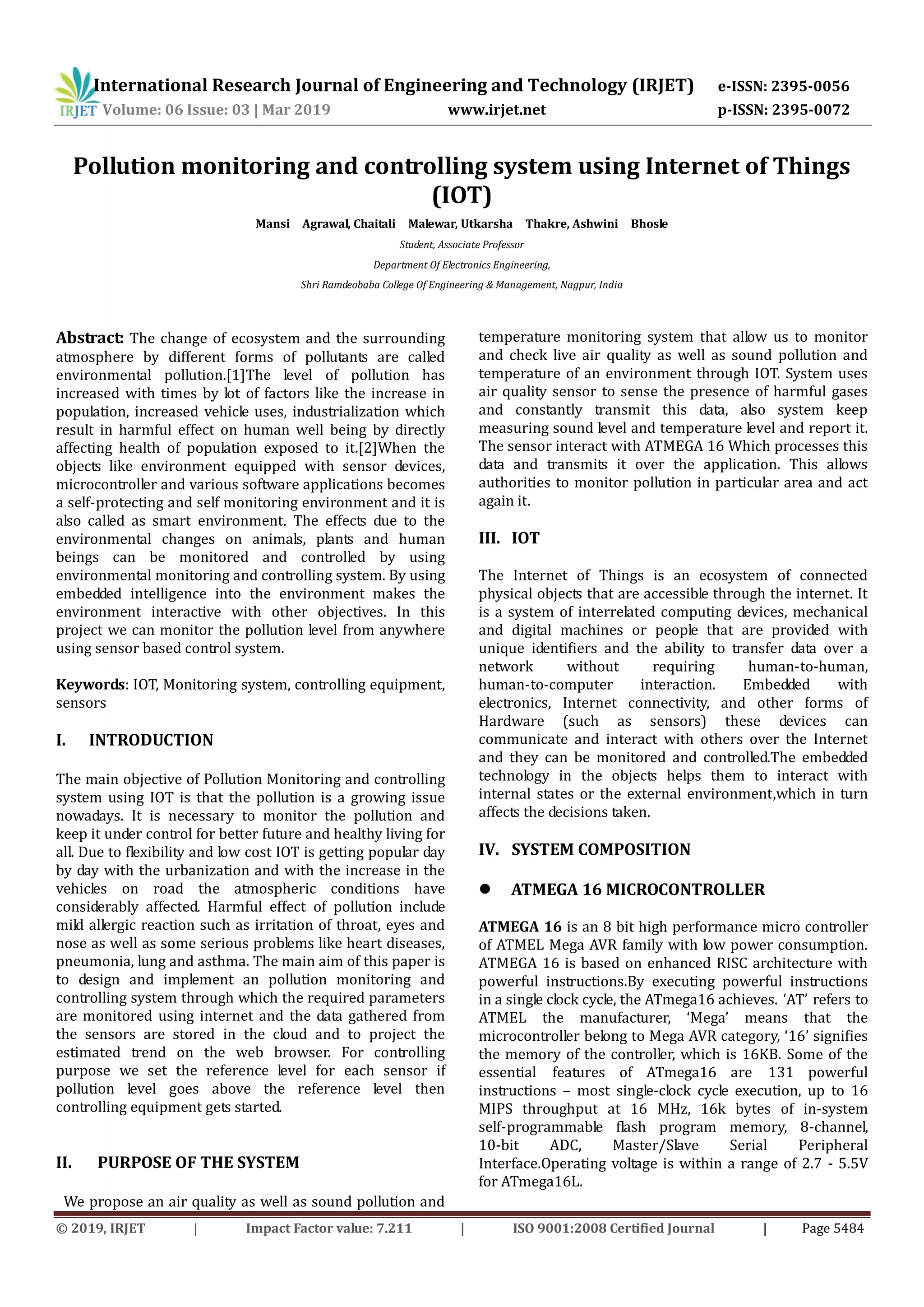 IRJET- Pollution Monitoring and Controlling System using Internet of Things (IoT) | PDF