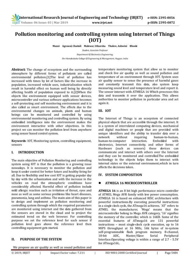 Irjet Pollution Monitoring And Controlling System Using Internet Of