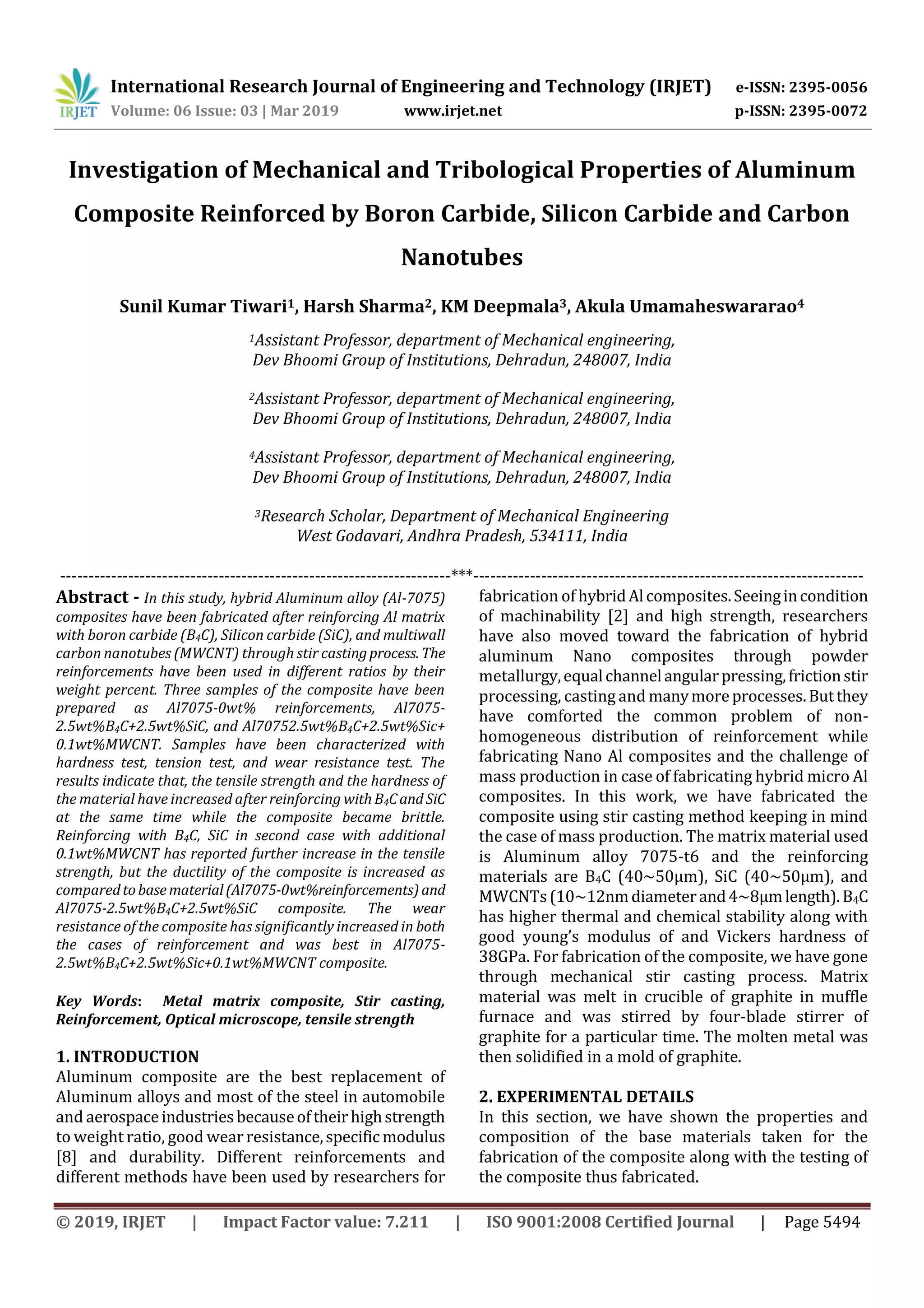 IRJET- Investigation of Mechanical and Tribological Properties of Aluminum Composite Reinforced ...