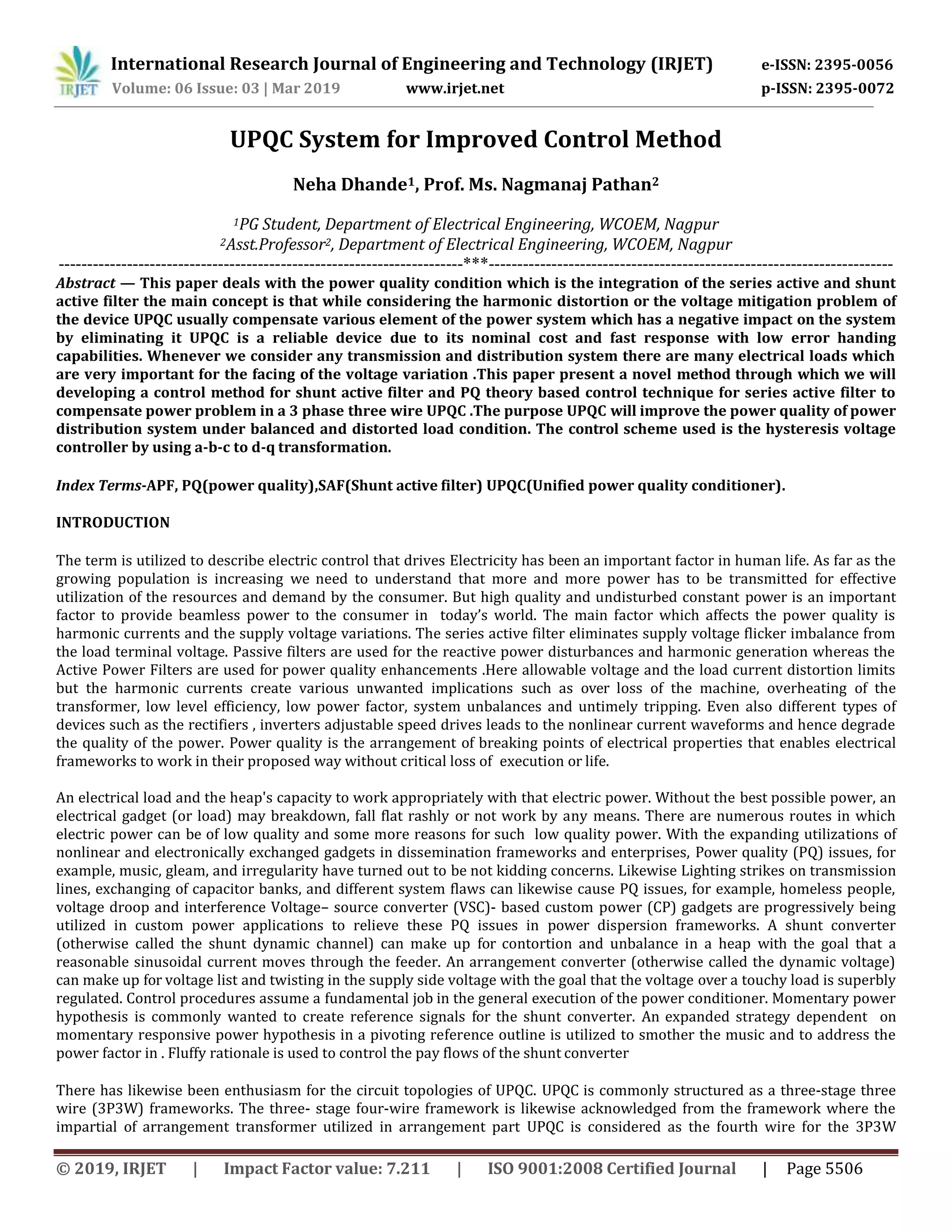 IRJET- UPQC System for Improved Control Method | PDF