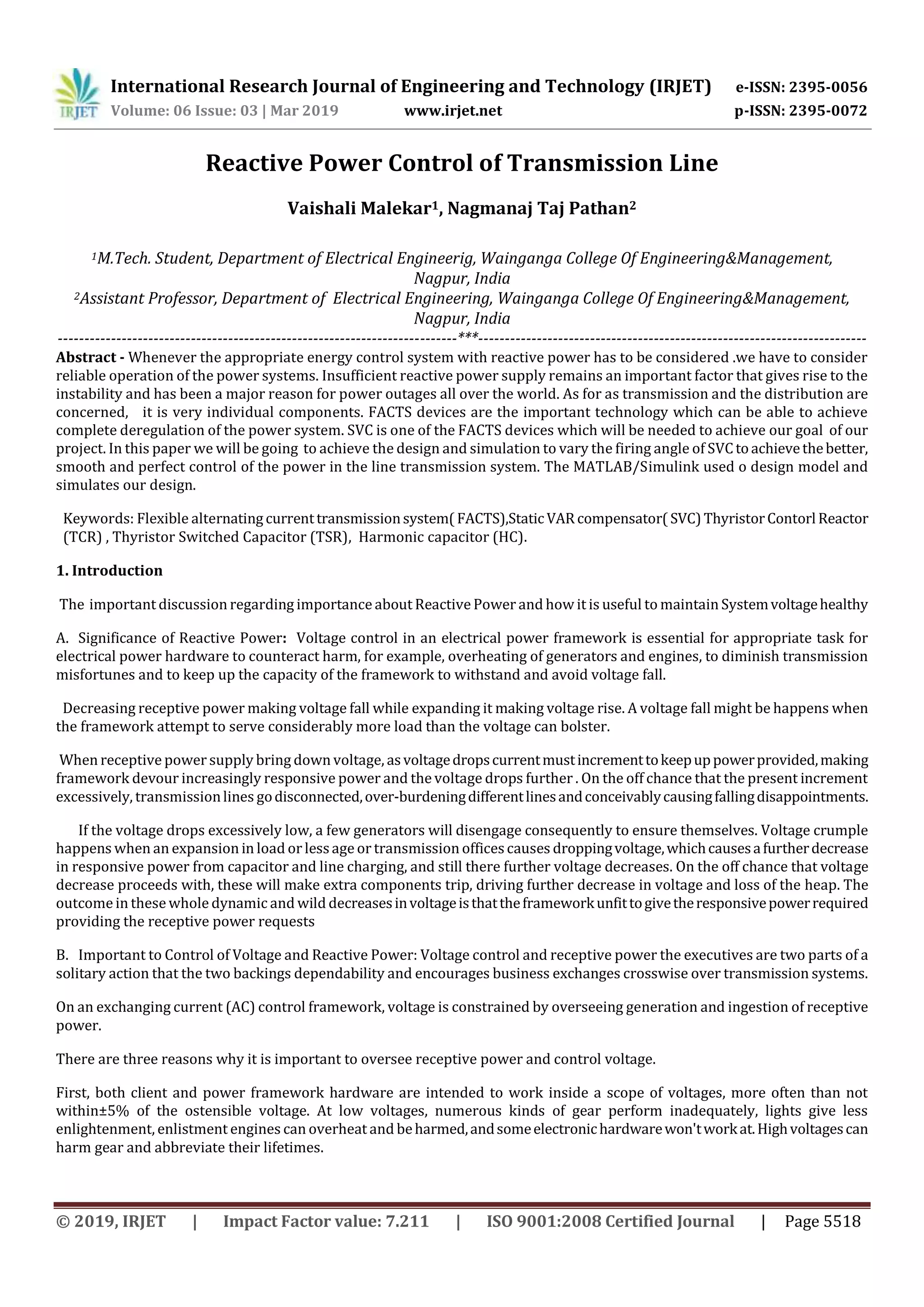 IRJET- Reactive Power Control of Transmission Line | PDF