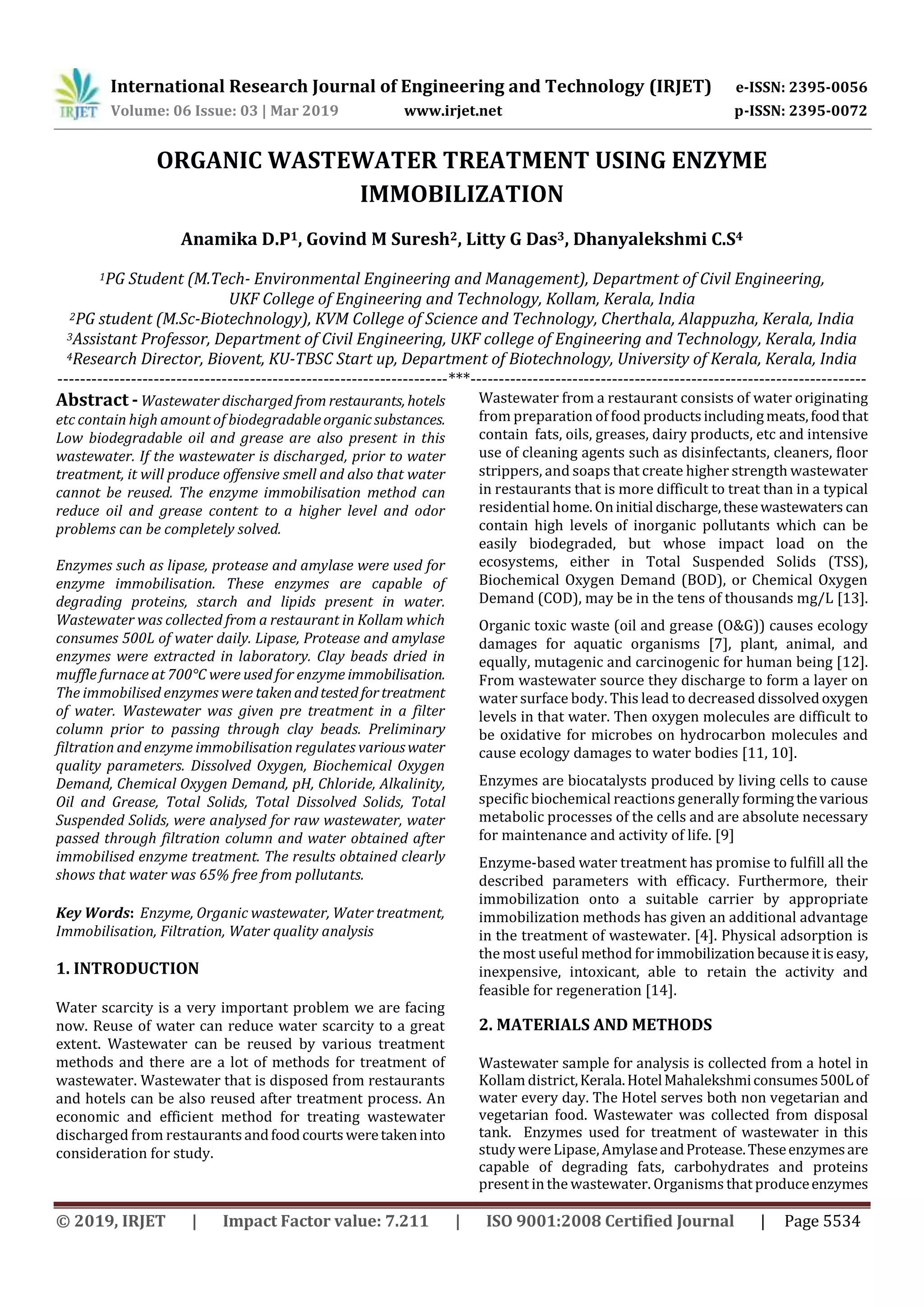 IRJET- Organic Wastewater Treatment using Enzyme Immobilization | PDF | Indoor Environmental ...