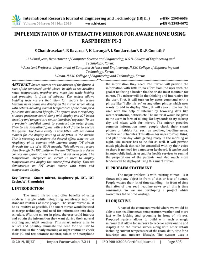 IRJET- Implementation of Interactive Mirror for Aware Home using Raspberry pi-3 | PDF