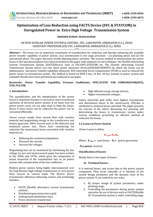 IRJET- Optimization of Loss Reduction using FACTS Device (SVC & STATCOM) in Unregulated; Power ...