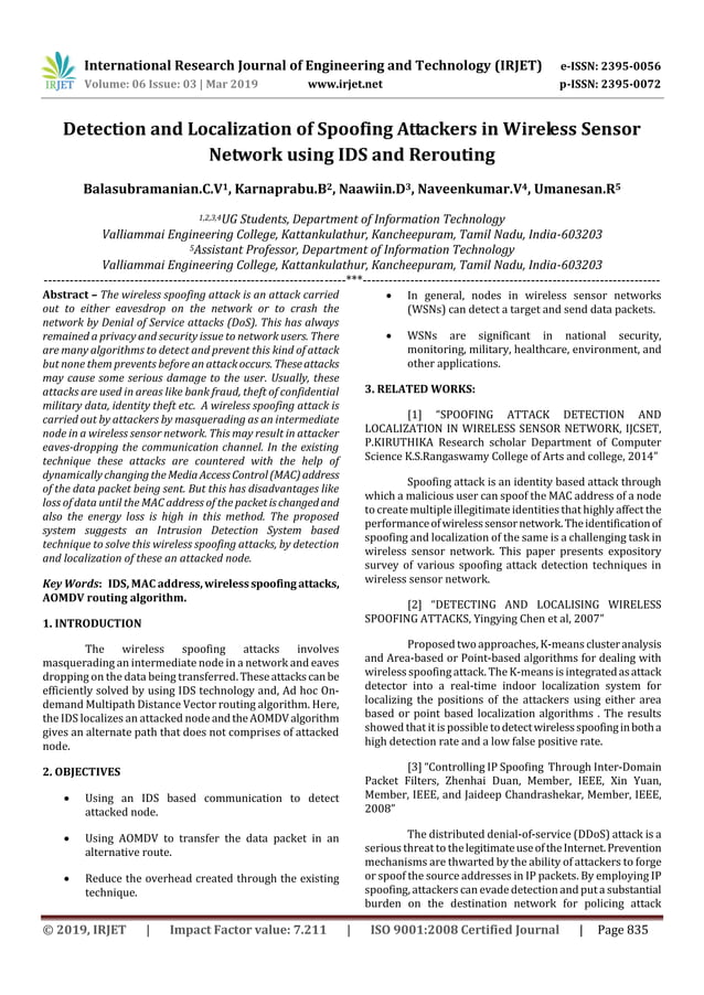 Irjet Detection And Localization Of Spoofing Attackers In Wireless Sensor Network Using Ids And 7094