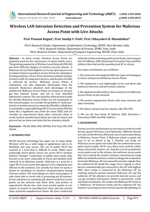 IRJET- Wireless LAN Intrusion Detection and Prevention System for Malicious Access Point with ...