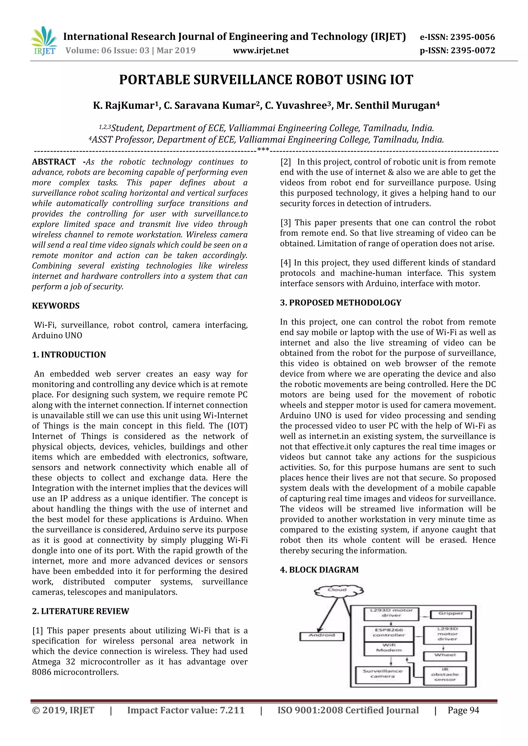 IRJET- Portable Surveillance Robot using IoT | PDF
