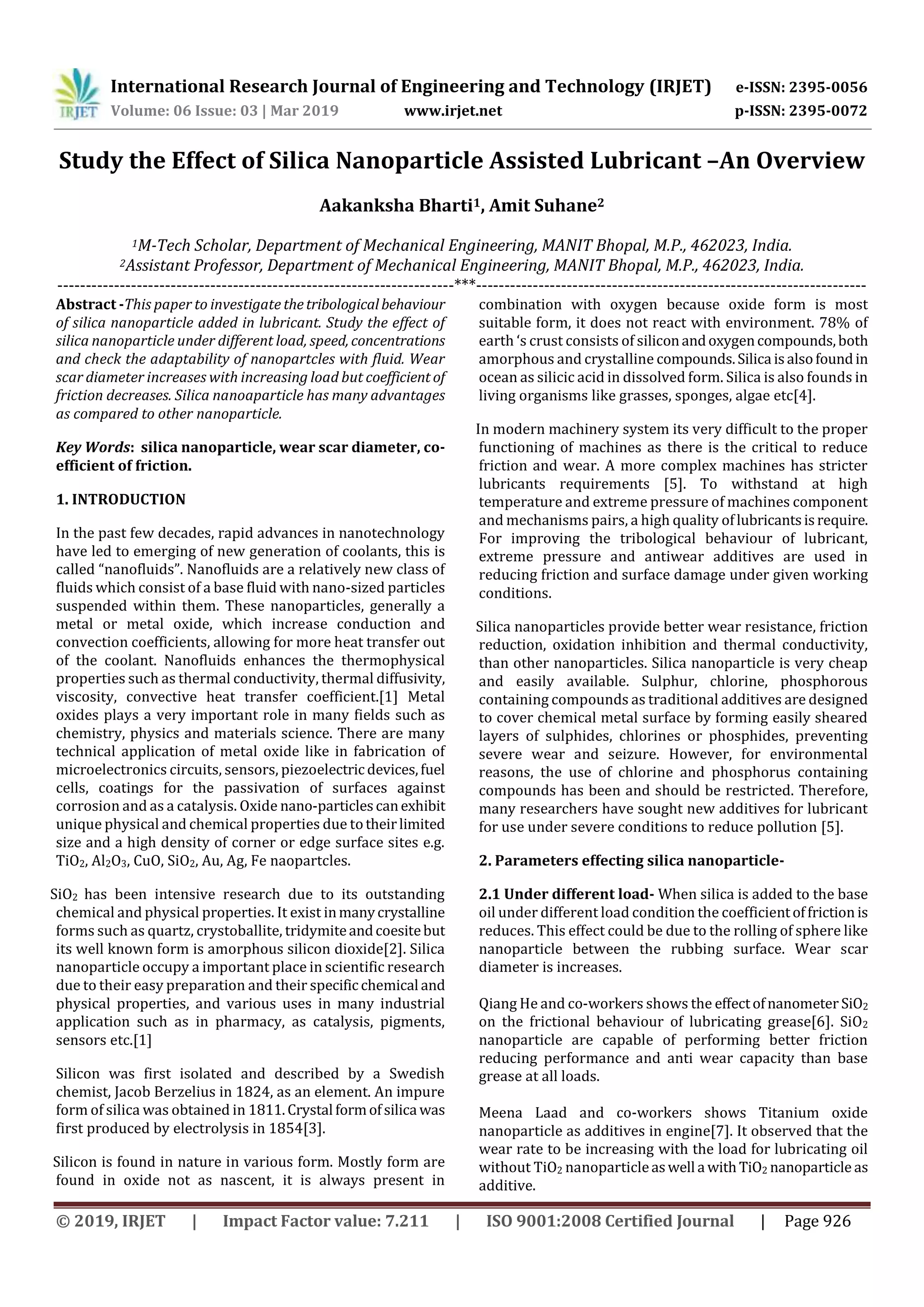 IRJET- Study the Effect of Silica Nanoparticle Assisted Lubricant –An Overview | PDF
