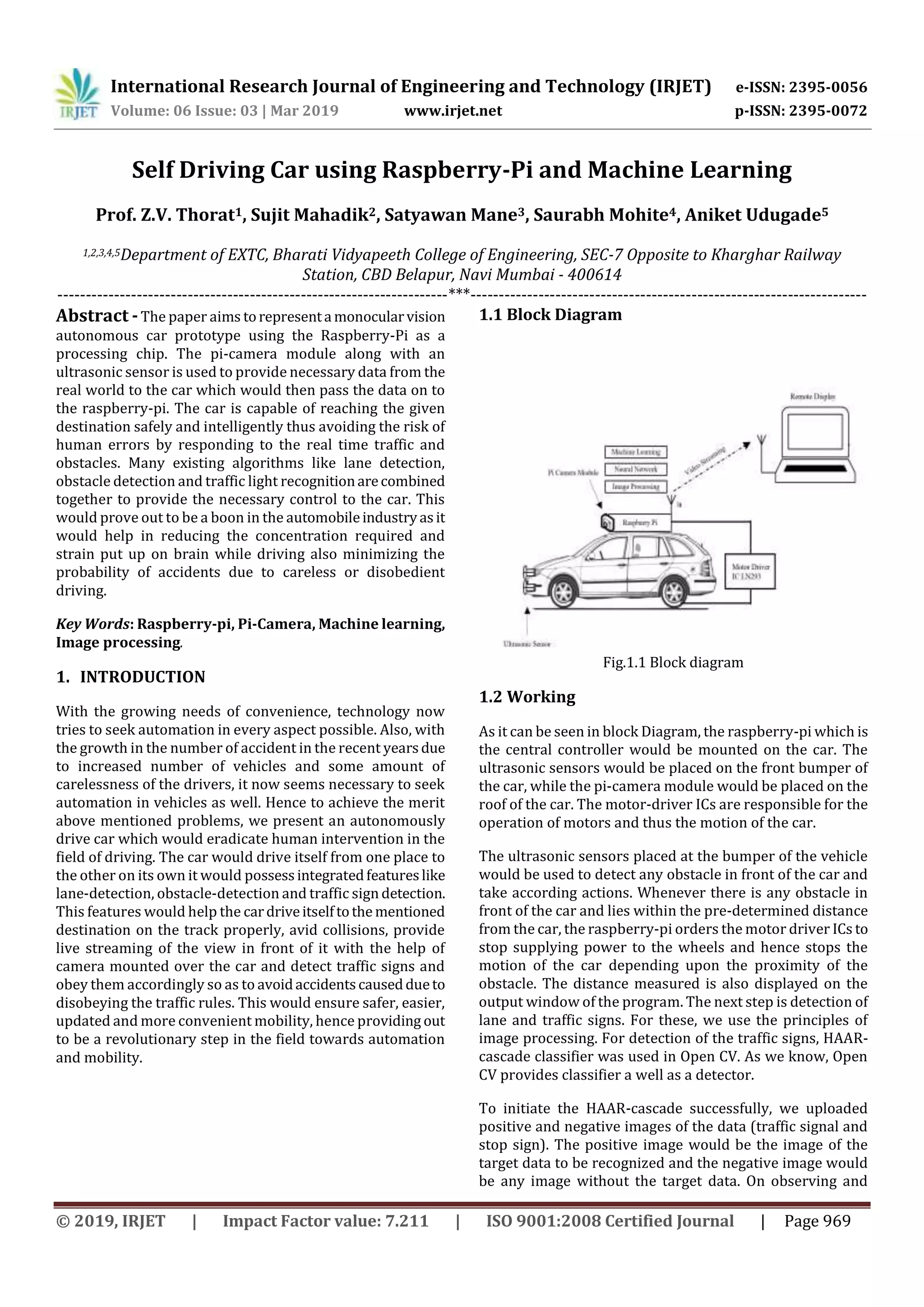 IRJET- Self Driving Car using Raspberry-Pi and Machine Learning | PDF ...