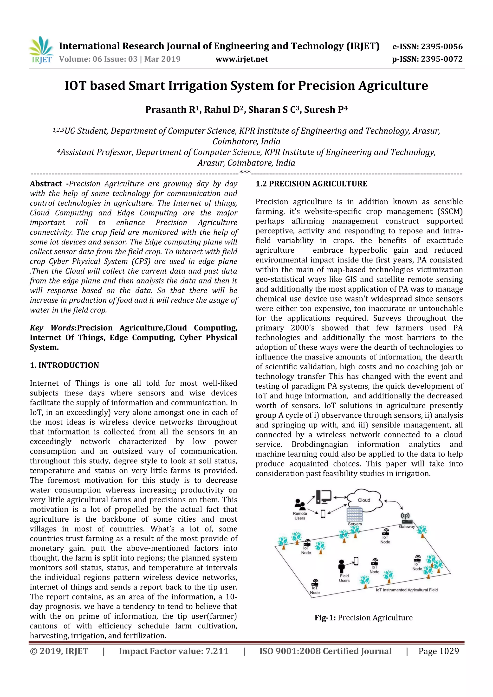 IRJET- IoT based Smart Irrigation System for Precision Agriculture | PDF