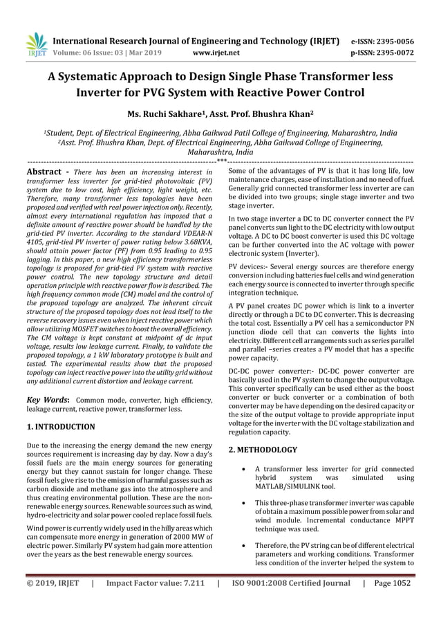 IRJET- A Systematic Approach to Design Single Phase Transformer Less Inverter for PVG System ...