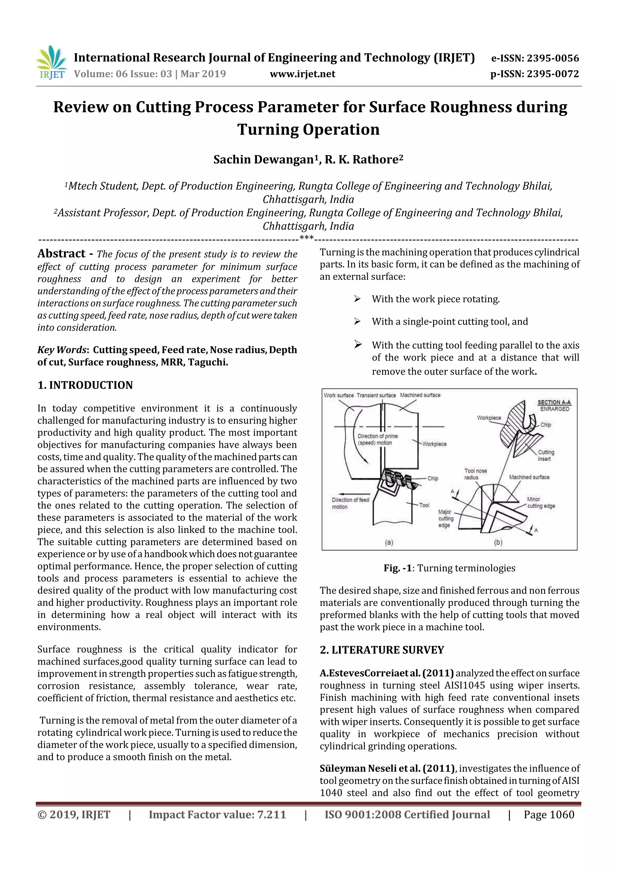 Irjet Review On Cutting Process Parameter For Surface Roughness During