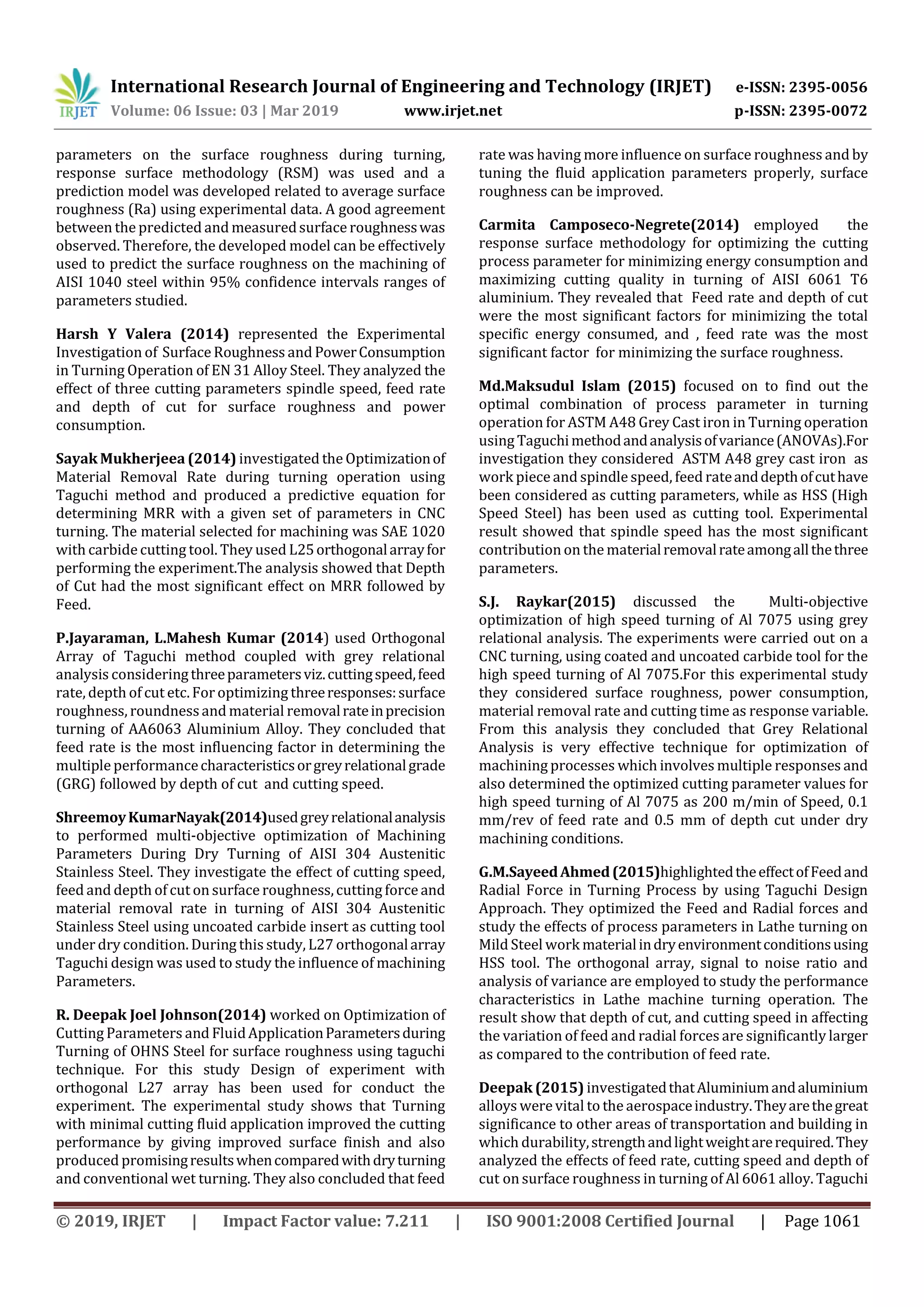 IRJET- Review on Cutting Process Parameter for Surface Roughness During Turning Operation | PDF ...