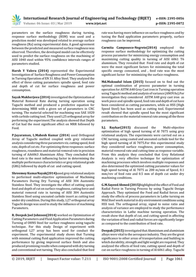 Irjet Review On Cutting Process Parameter For Surface Roughness During