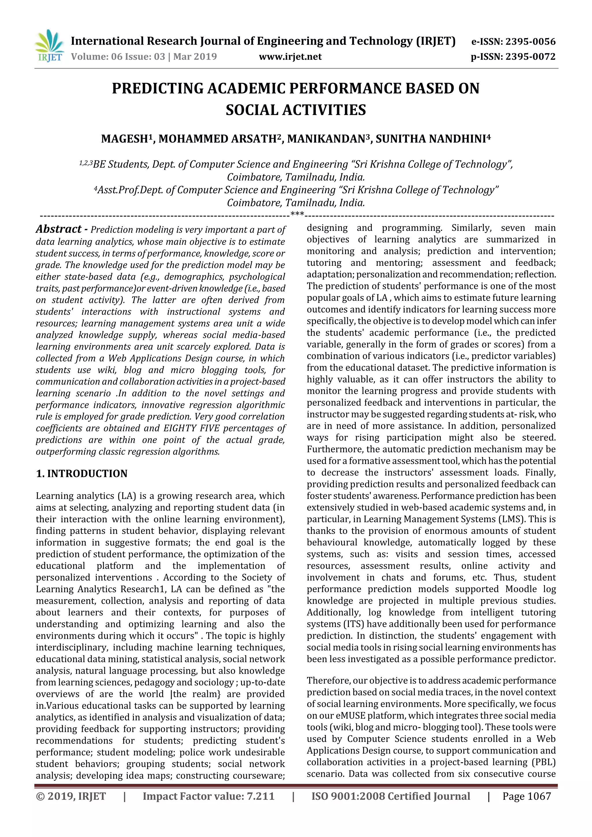 IRJET- Predicting Academic Performance based on Social Activities | PDF