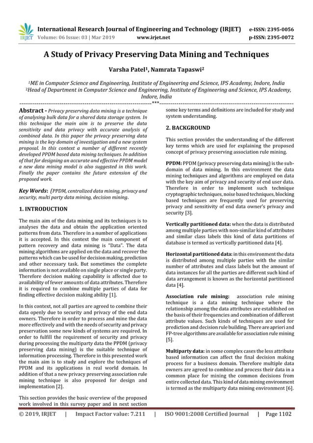 IRJET- A Study of Privacy Preserving Data Mining and Techniques | PDF