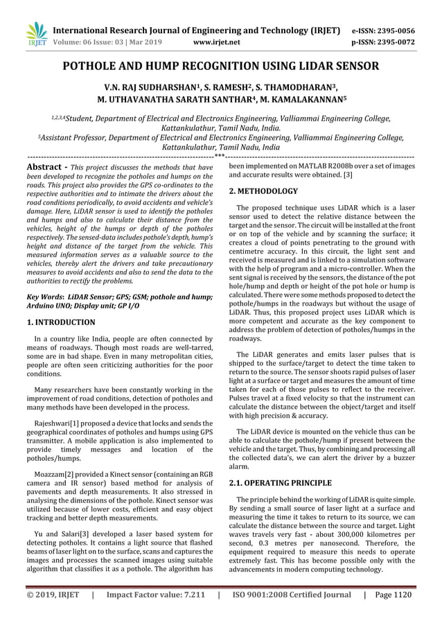 IRJET- Pothole and Hump Recognition using Lidar Sensor | PDF