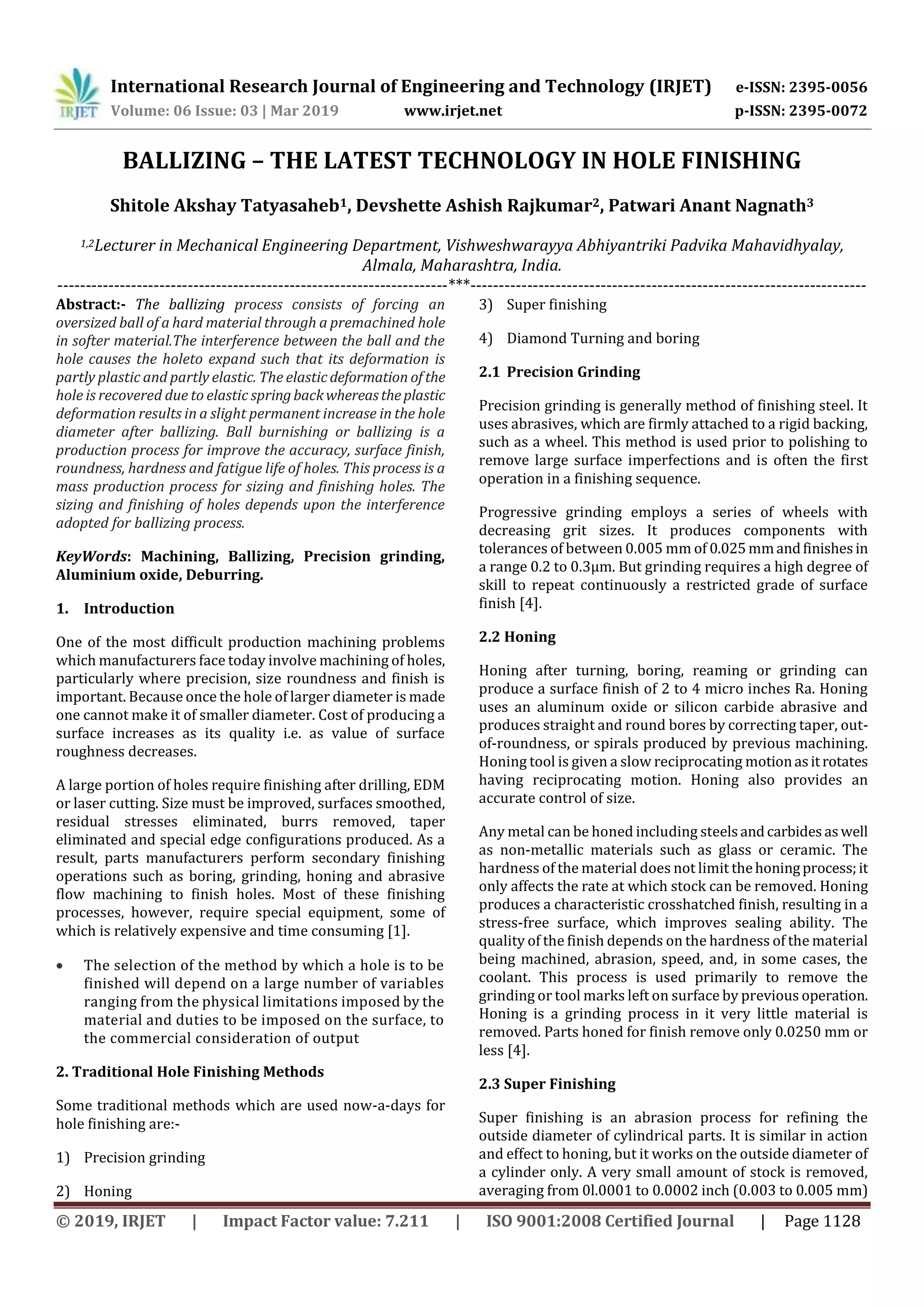 IRJET- Ballizing – The Latest Technology in Hole Finishing | PDF