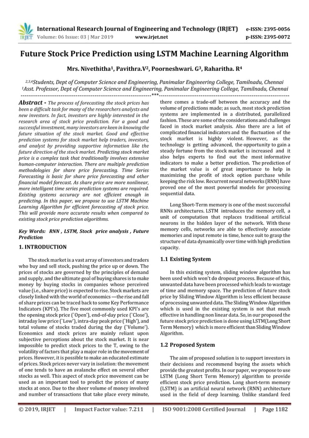 IRJET- Future Stock Price Prediction using LSTM Machine Learning Algorithm | PDF