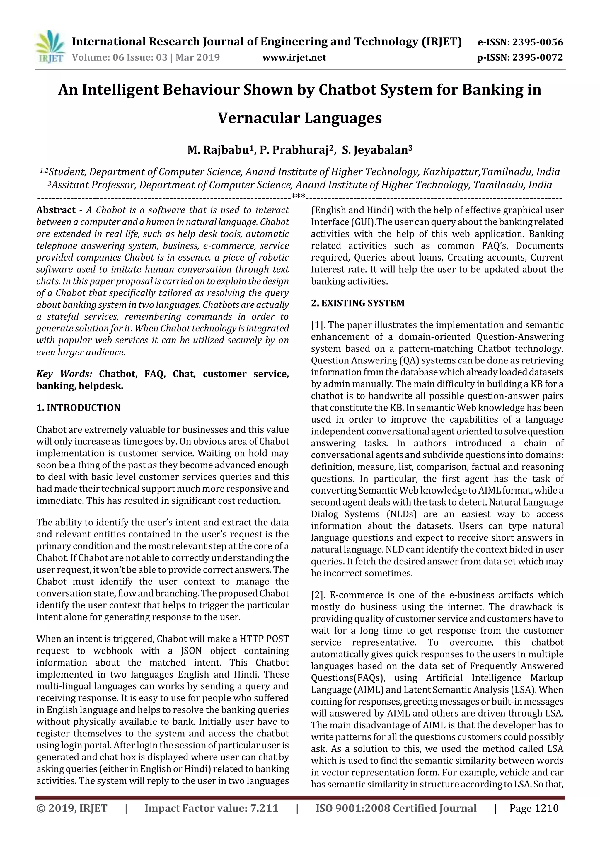 IRJET- An Intelligent Behaviour Shown by Chatbot System for Banking in ...