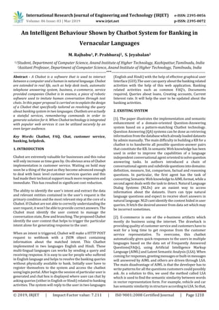 IRJET- An Intelligent Behaviour Shown by Chatbot System for Banking in Vernacular Languages | PDF