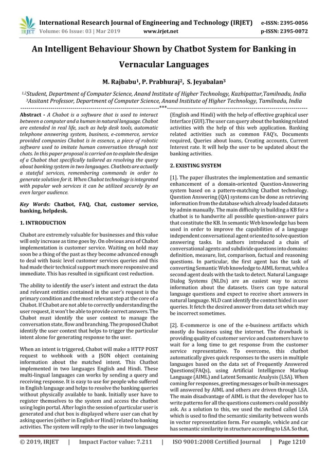 IRJET- An Intelligent Behaviour Shown by Chatbot System for Banking in ...