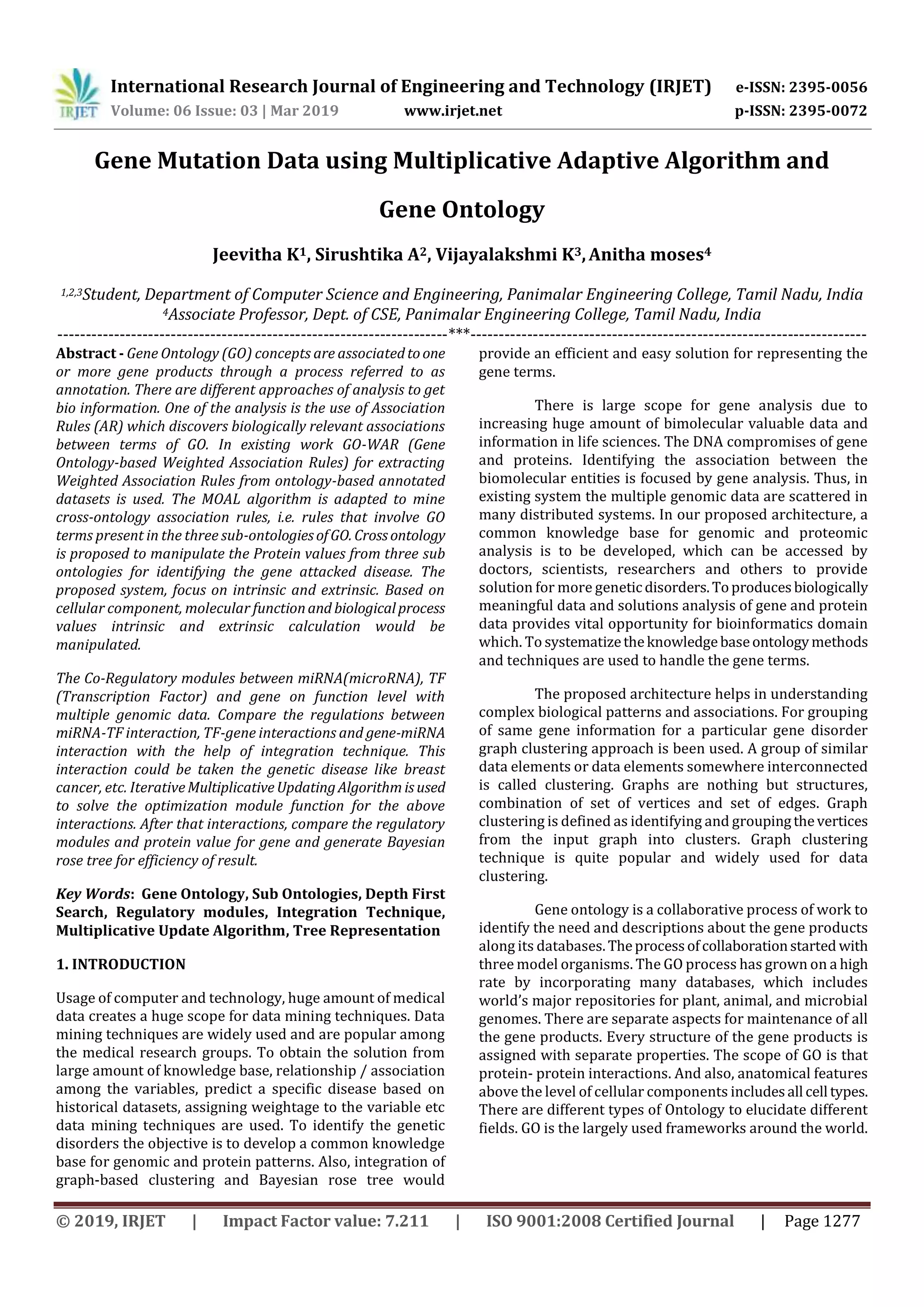 IRJET- Gene Mutation Data using Multiplicative Adaptive Algorithm and Gene Ontology | PDF ...