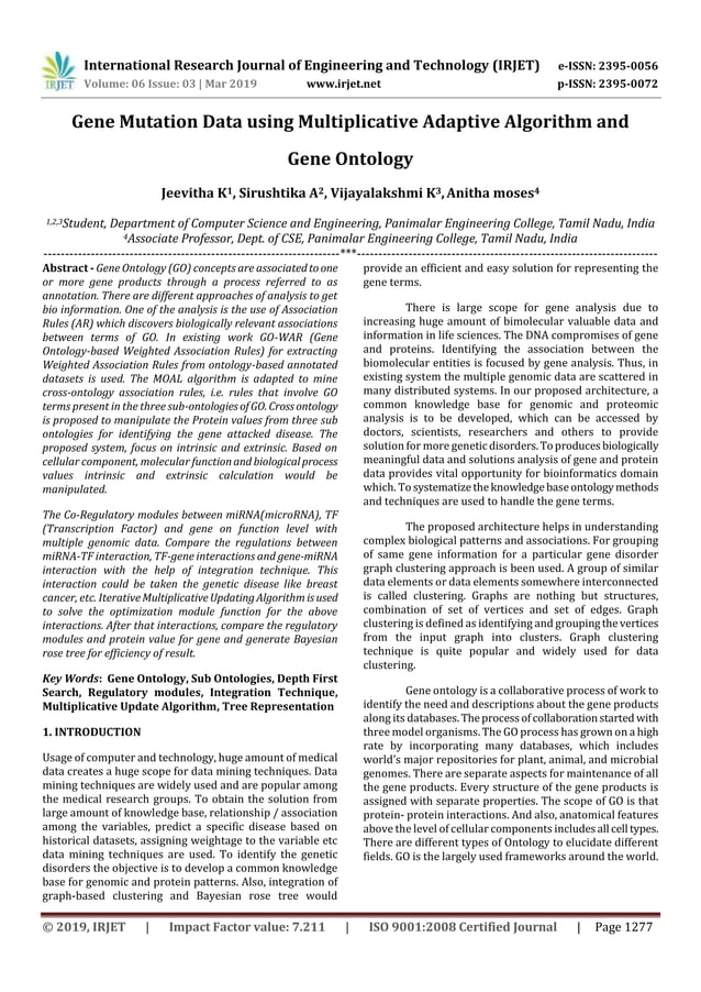 Irjet Gene Mutation Data Using Multiplicative Adaptive Algorithm And
