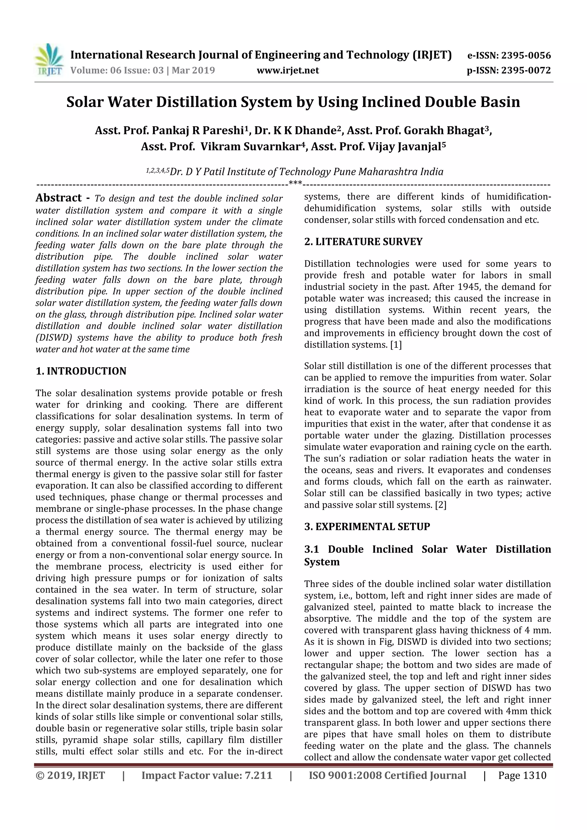 IRJET- Solar Water Distillation System by using Inclined Double Basin | PDF