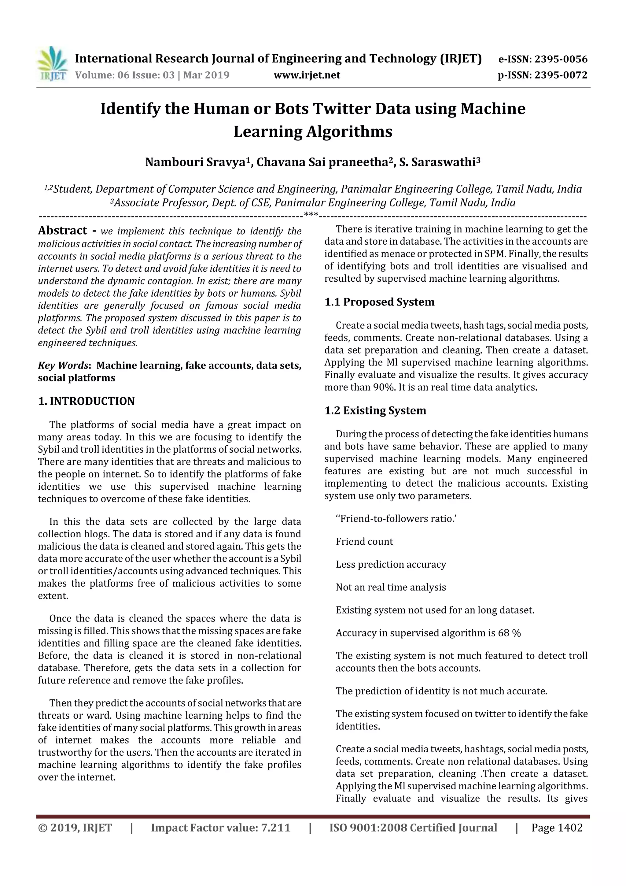 IRJET- Identify the Human or Bots Twitter Data using Machine Learning Algorithms | PDF
