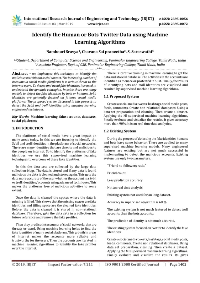 IRJET- Identify the Human or Bots Twitter Data using Machine Learning Algorithms | PDF
