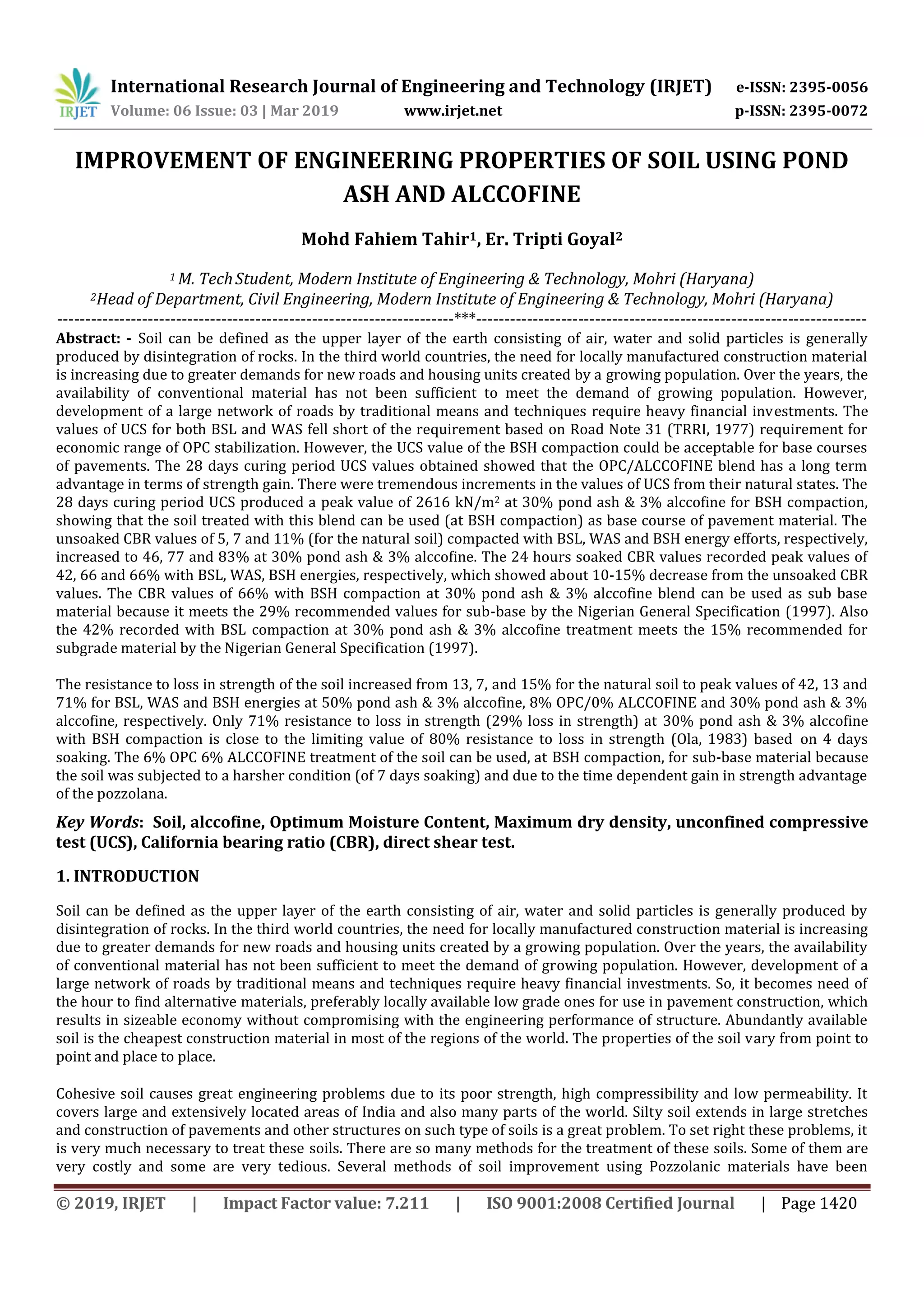 IRJET- Improvement of Engineering Properties of Soil using Pond ASH and Alccofine | PDF