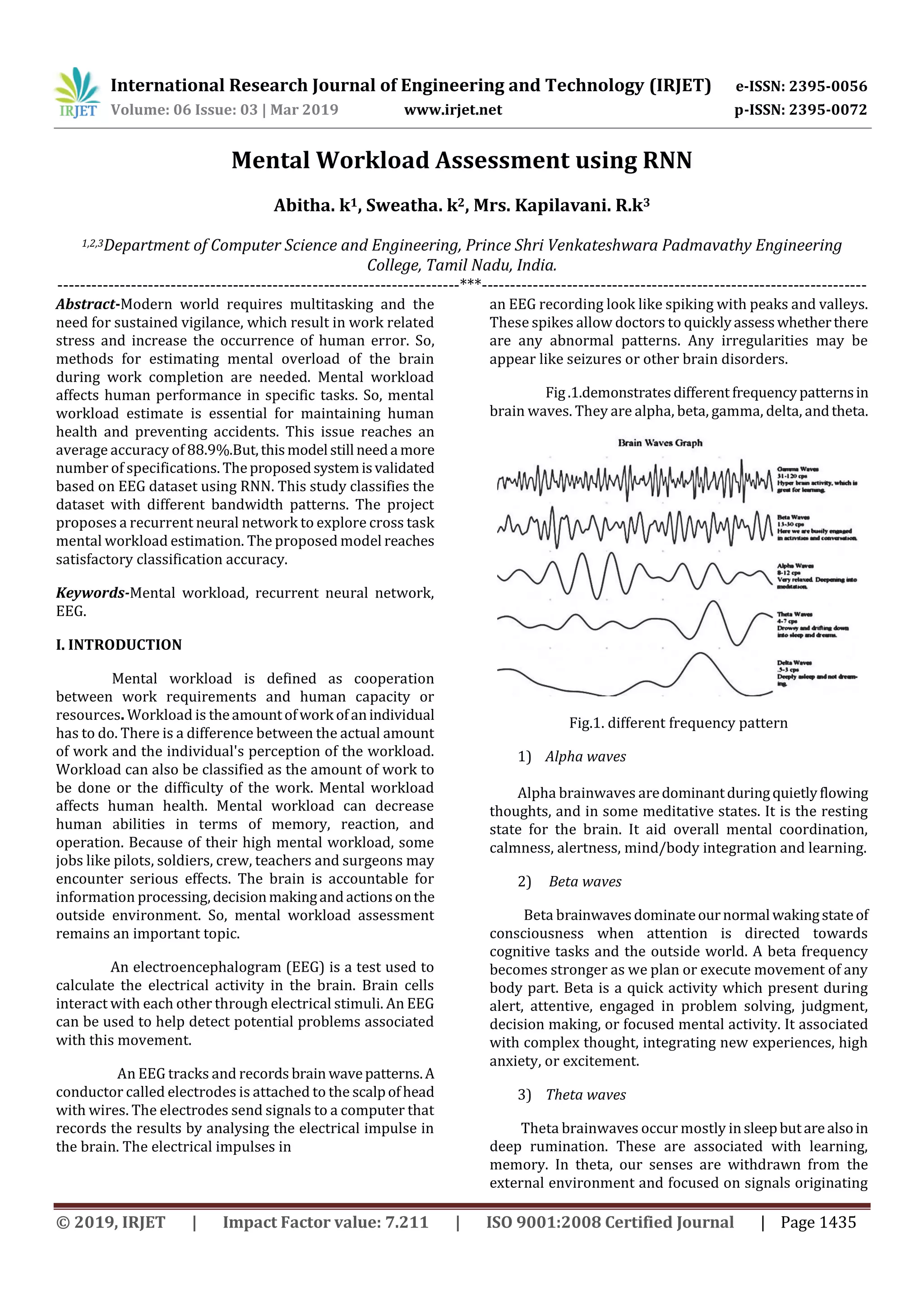 IRJET- Mental Workload Assessment using Rnn | PDF