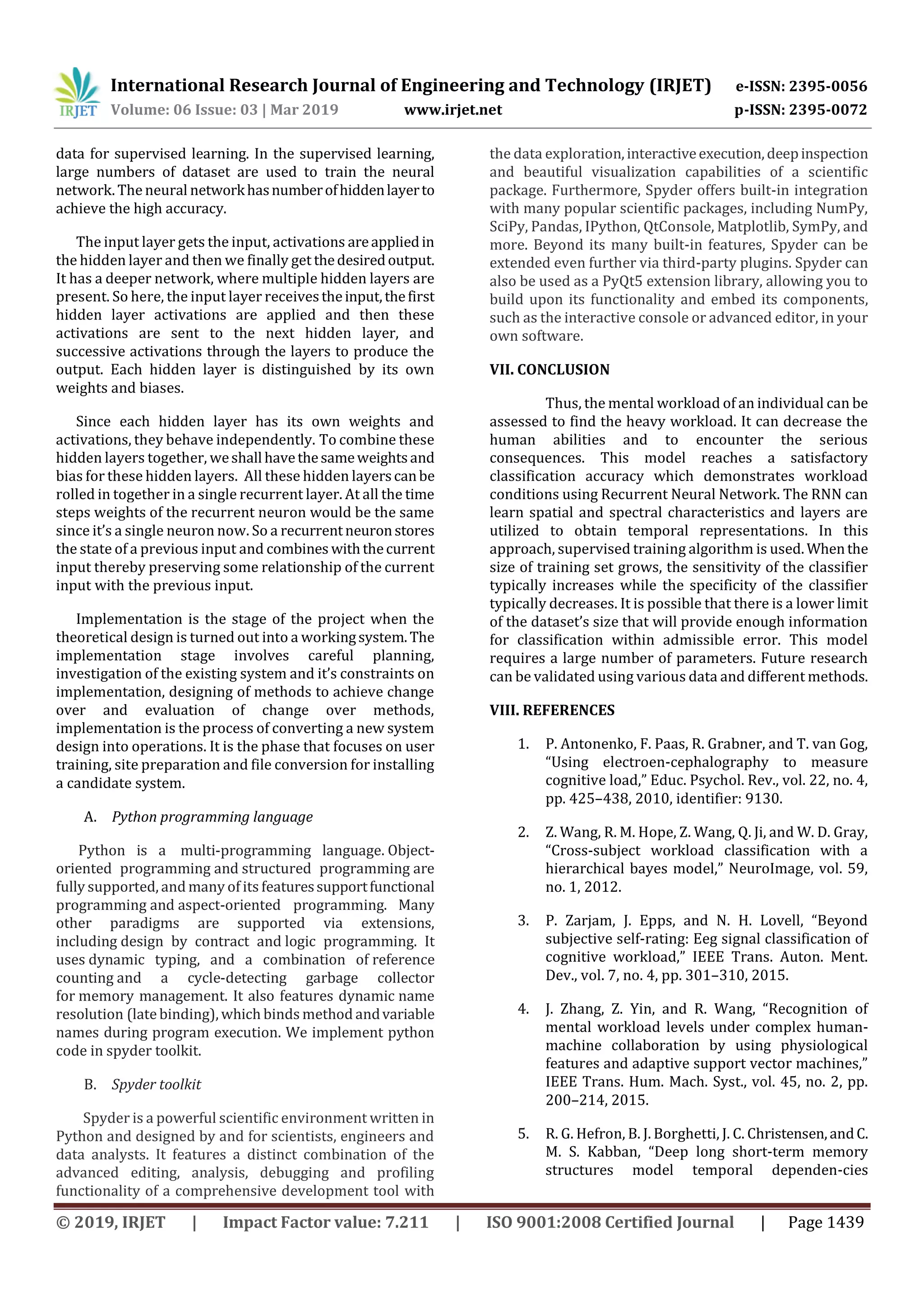 IRJET- Mental Workload Assessment using Rnn | PDF