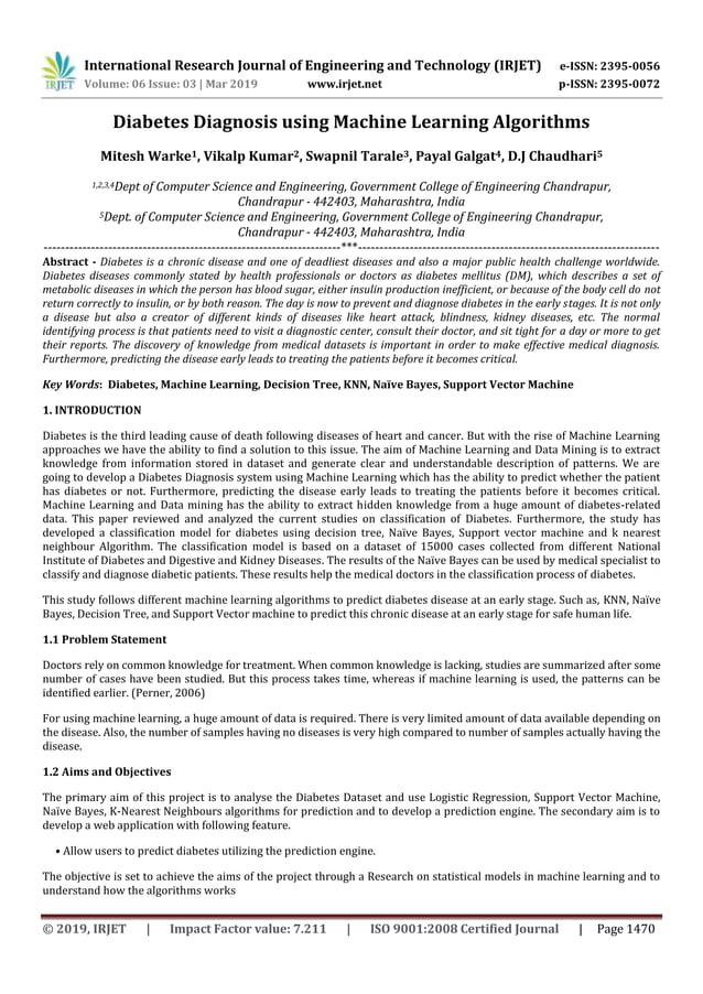 IRJET- Diabetes Diagnosis using Machine Learning Algorithms | PDF ...
