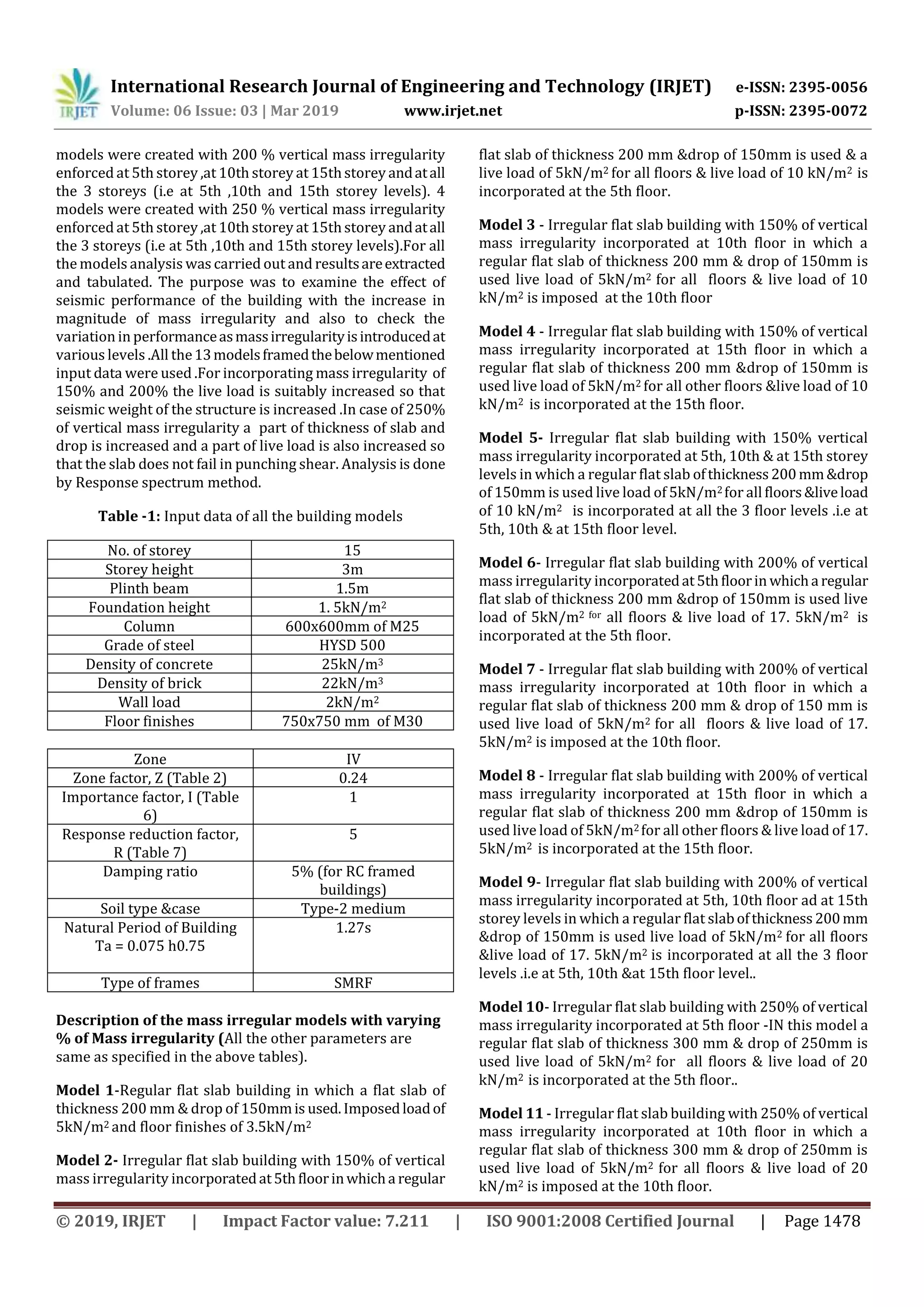 IRJET- Parametric Study on Seismic Behaviour of Multi-Storey Flat Slab Building Incorporated ...