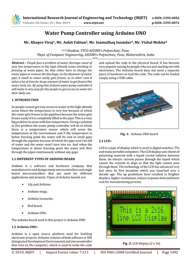 IRJET- Water Pump Controller using Arduino UNO | PDF