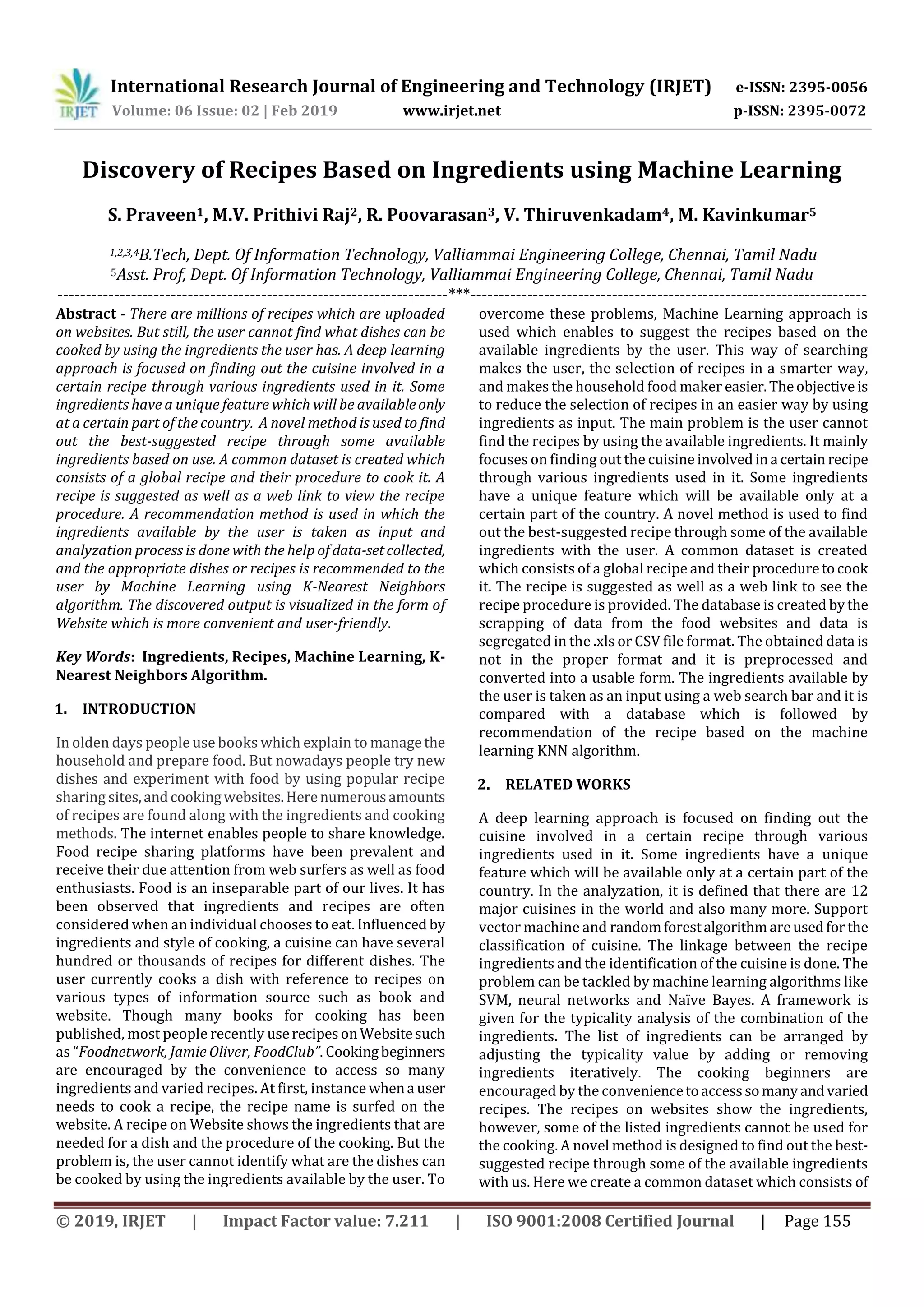 IRJET- Discovery of Recipes based on Ingredients using Machine Learning ...
