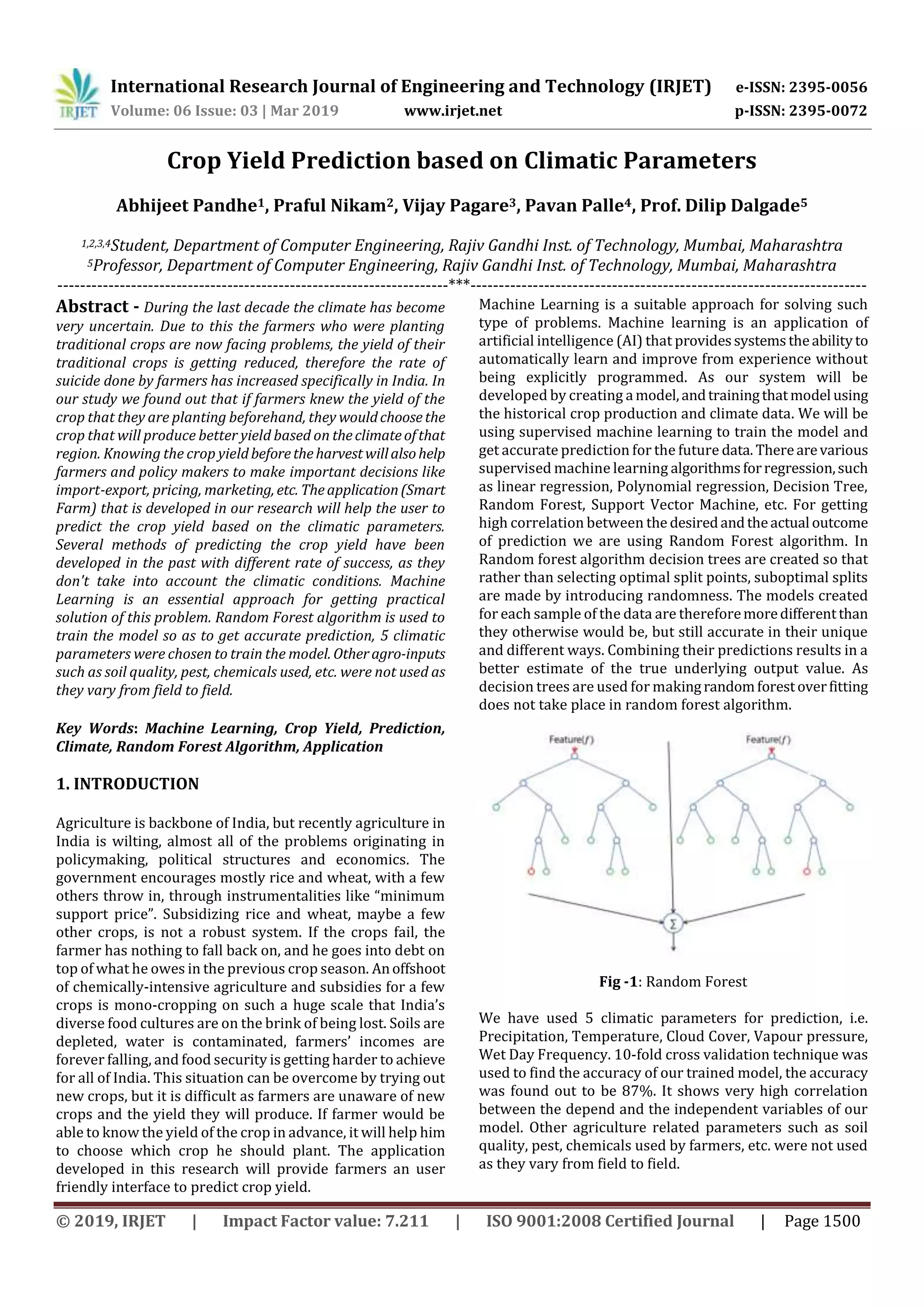 IRJET- Crop Yield Prediction based on Climatic Parameters | PDF ...