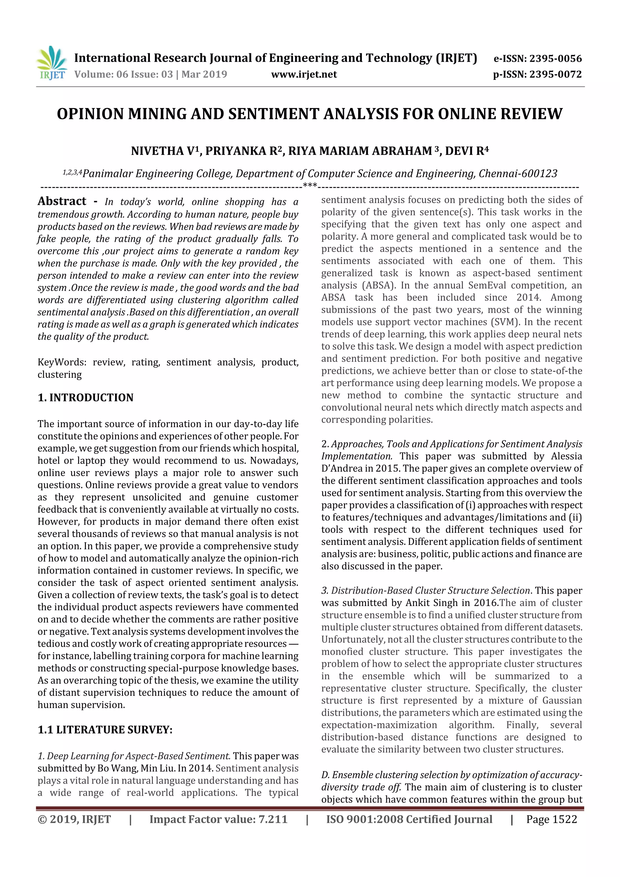 IRJET- Opinion Mining and Sentiment Analysis for Online Review | PDF