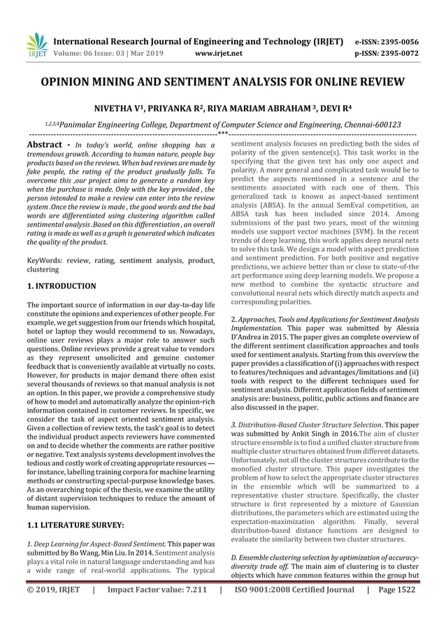 IRJET- Opinion Mining and Sentiment Analysis for Online Review | PDF