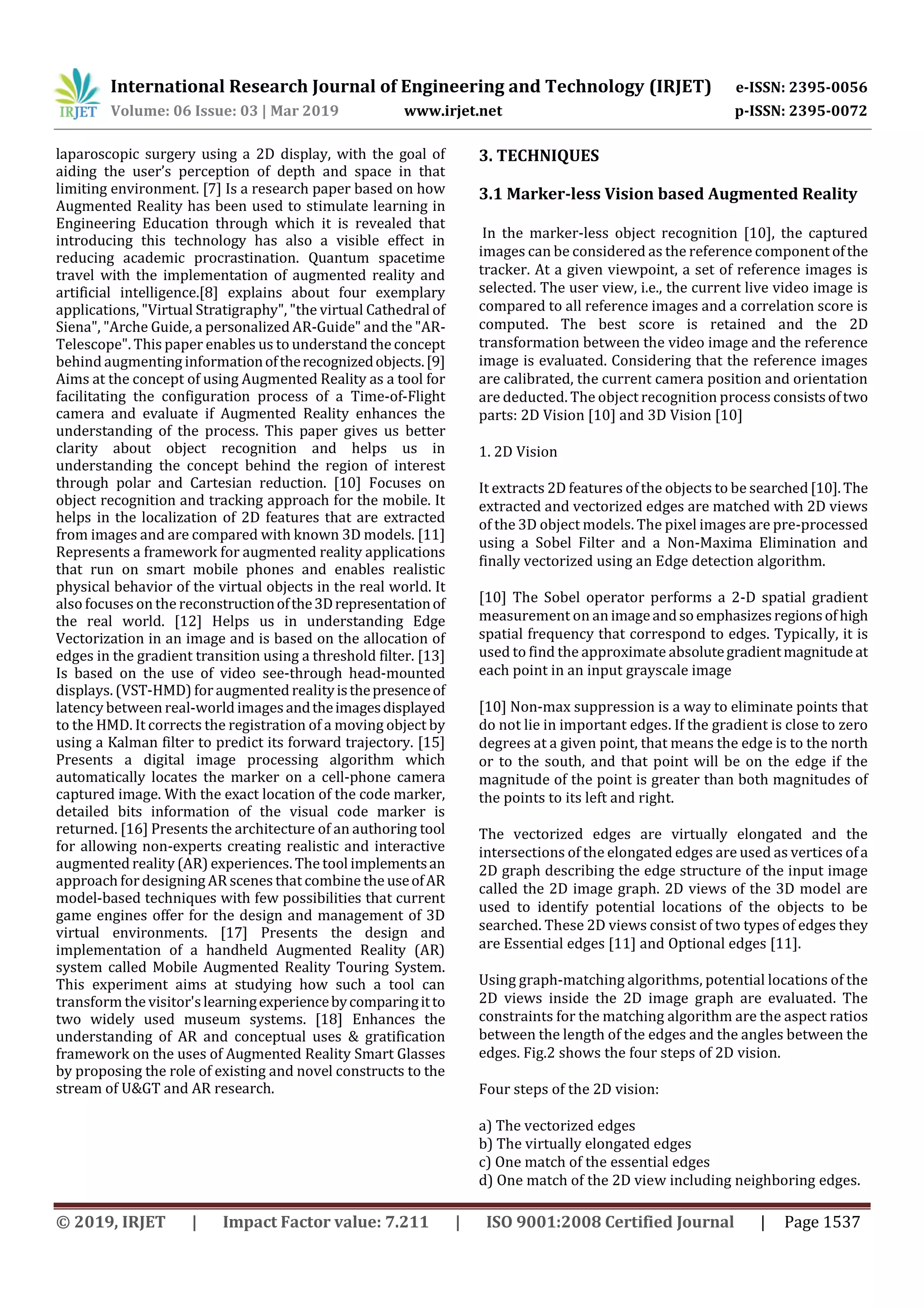 IRJET- Methodologies in Augmented Reality | PDF