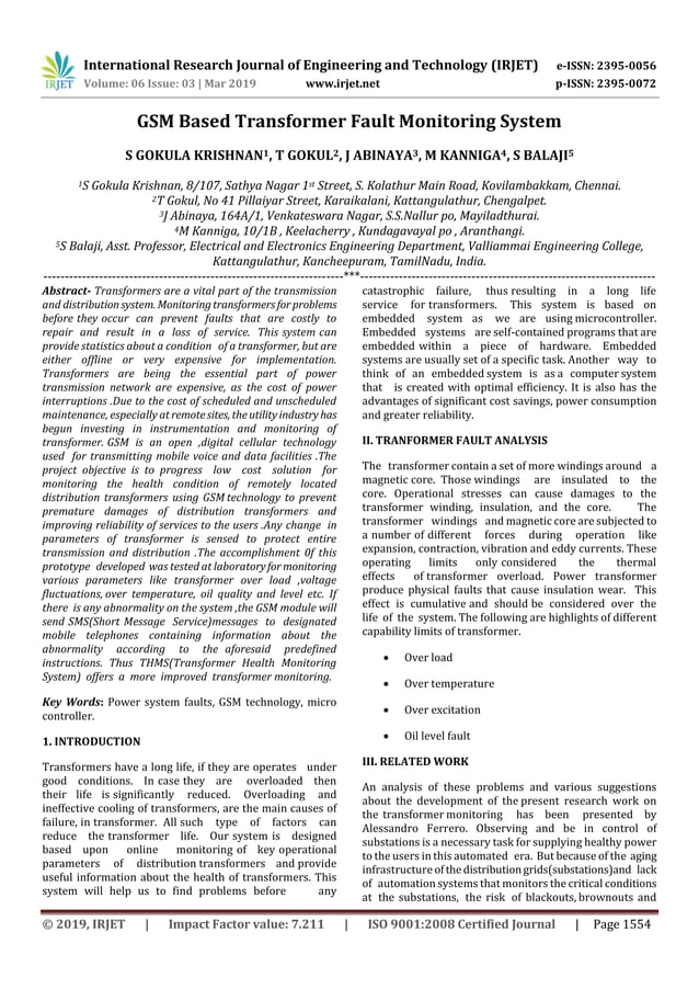 IRJET- GSM Based Transformer Fault Monitoring System | PDF