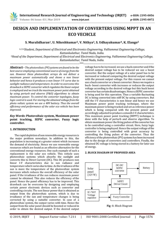 IRJET- Design and Implementation of Converters using MPPT in an Eco Vehicle | PDF