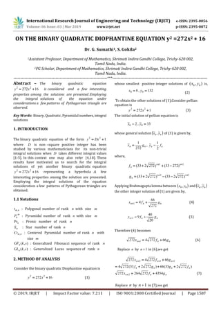 IRJET- On the Binary Quadratic Diophantine Equation Y2=272x2+16 | PDF
