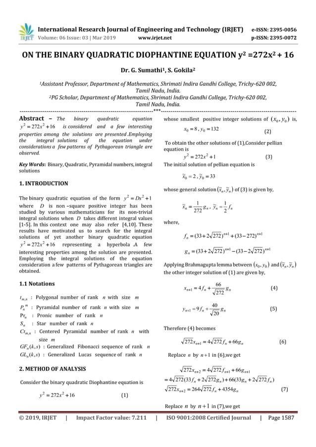 IRJET- On the Binary Quadratic Diophantine Equation Y2=272x2+16 | PDF