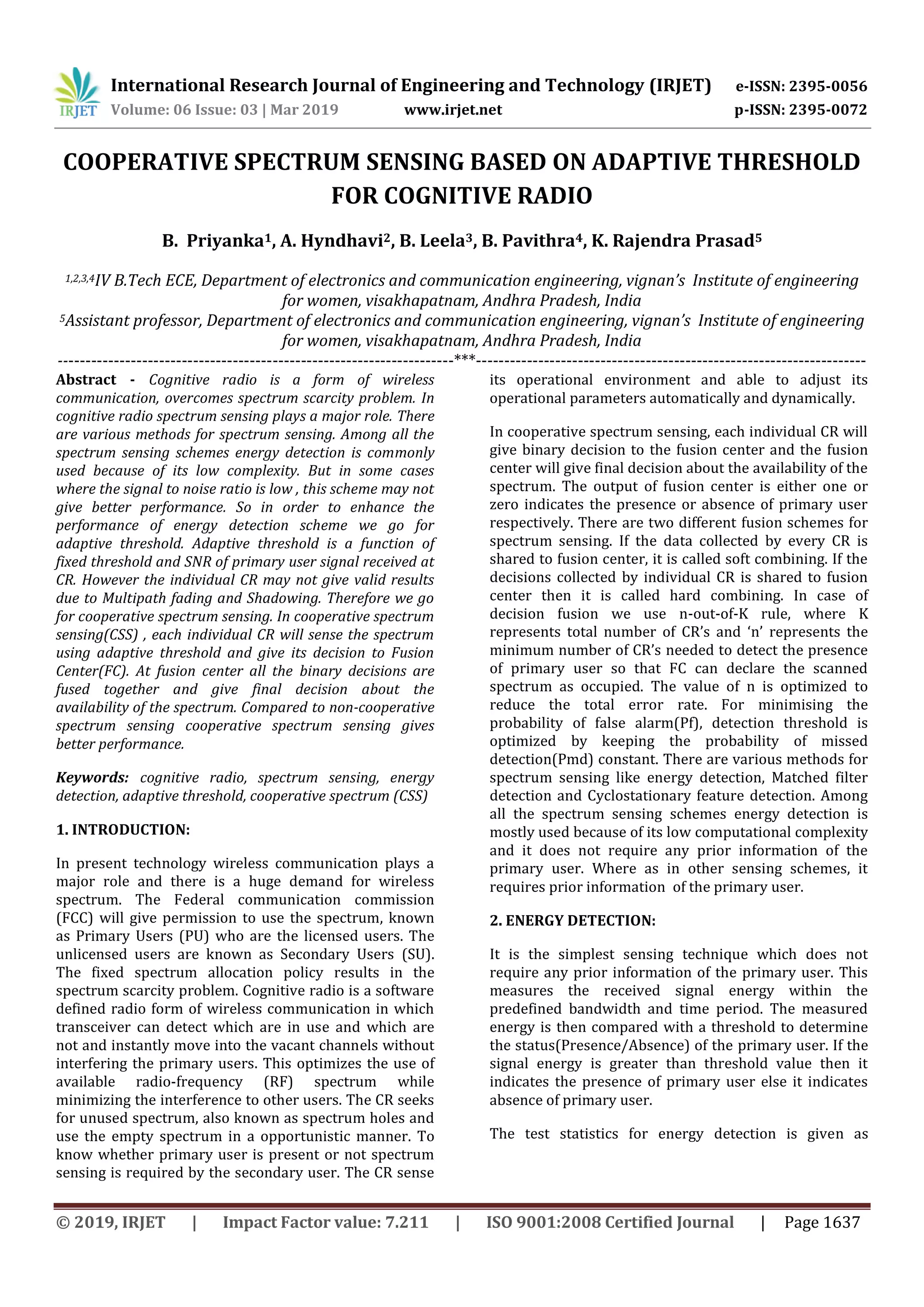 IRJET- Cooperative Spectrum Sensing based on Adaptive Threshold for Cognitive Radio | PDF