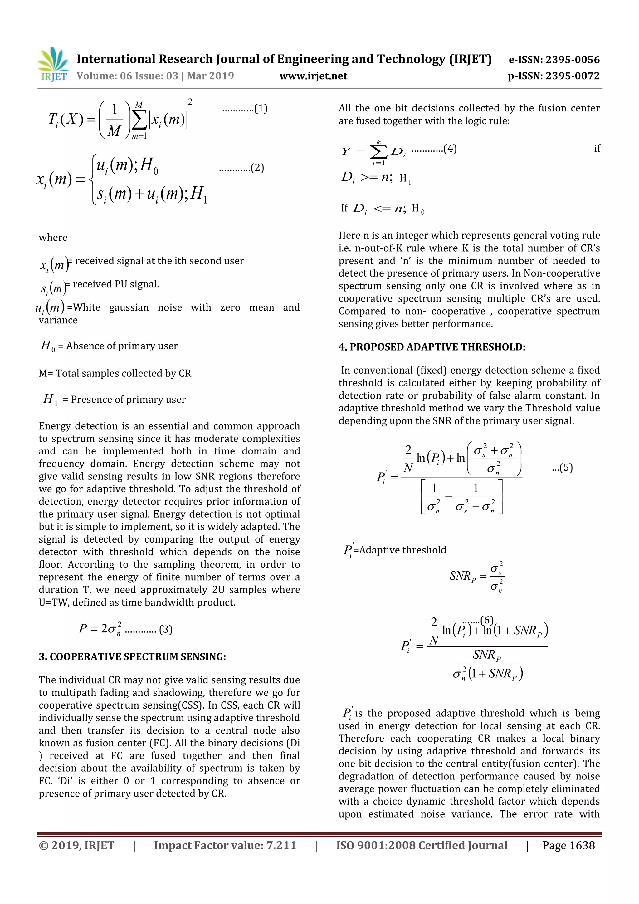 IRJET- Cooperative Spectrum Sensing based on Adaptive Threshold for Cognitive Radio | PDF