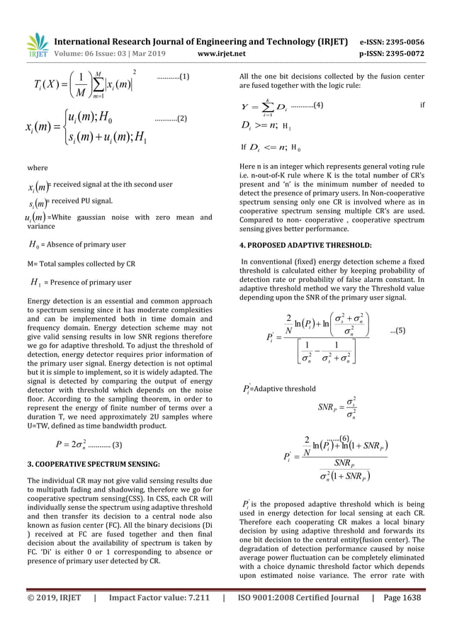 IRJET- Cooperative Spectrum Sensing based on Adaptive Threshold for Cognitive Radio | PDF